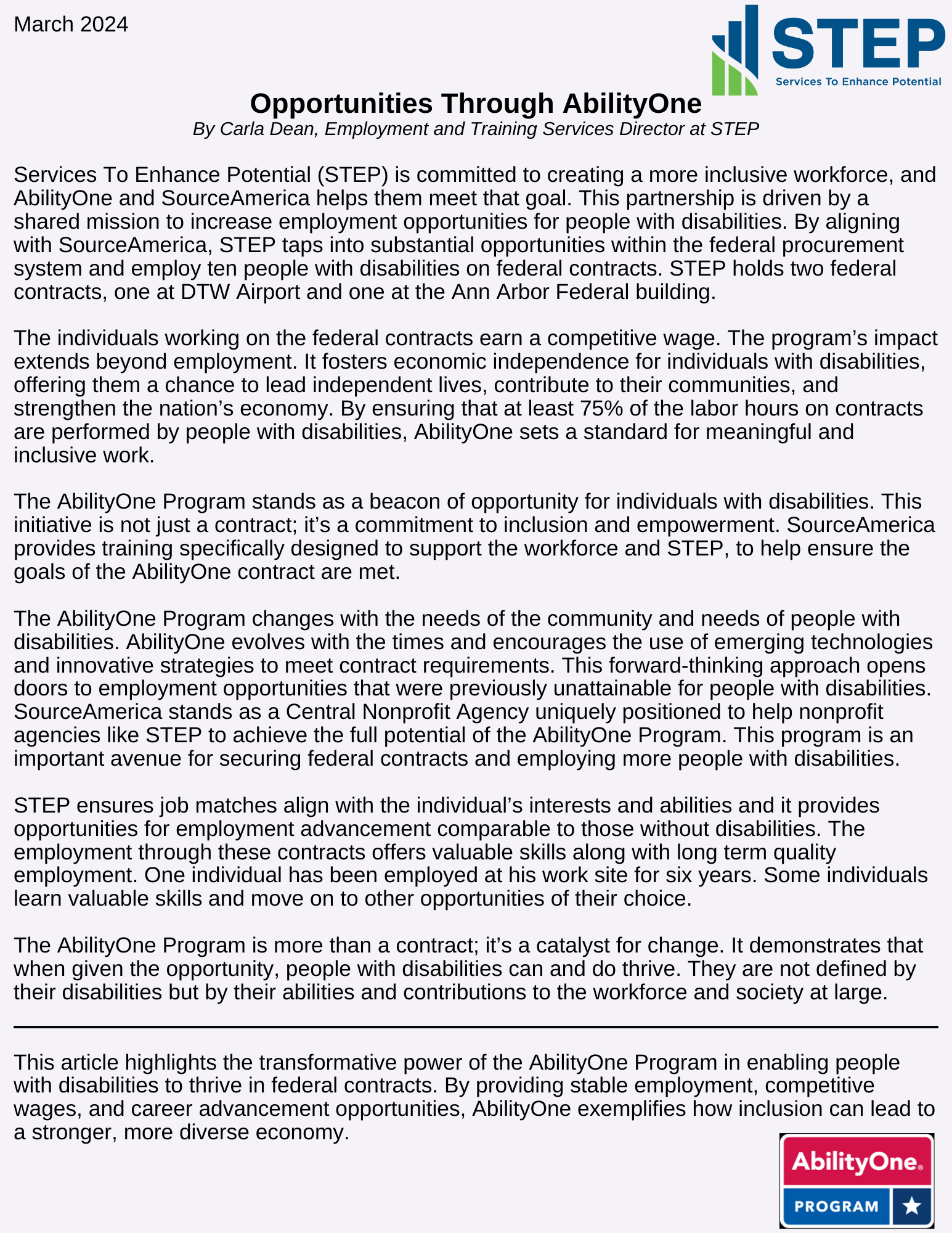 STEP and AbilityOne March 2024 – Services To Enhance Potential