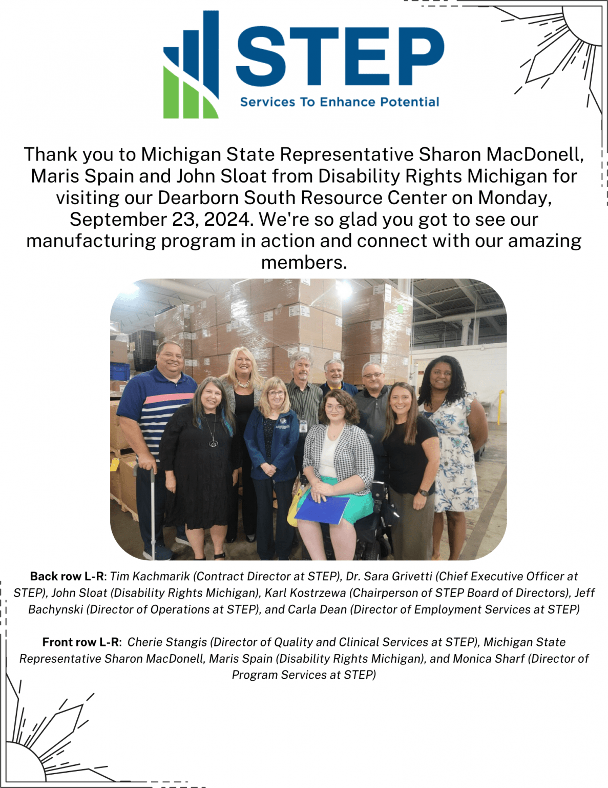 Michigan State Representative Sharon MacDonell visits STEP – Services To Enhance Potential